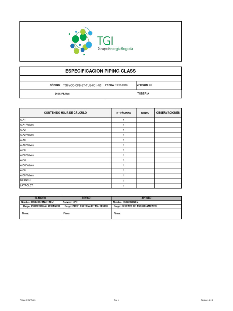 Tgi-Vco-Cfb-Et-Tub-001-R01 Piping Class V1 | PDF | Pipe (Fluid ...