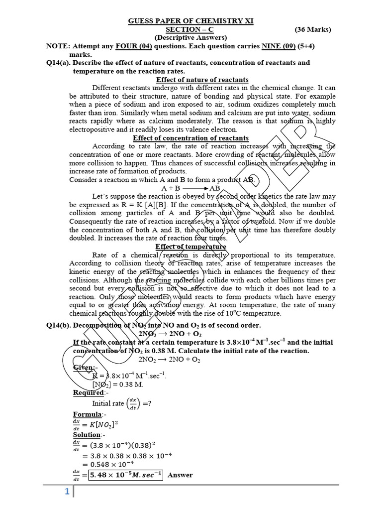 Guess Paper Chemistry XI - SECTION C | PDF | Reaction Rate | Chemical ...