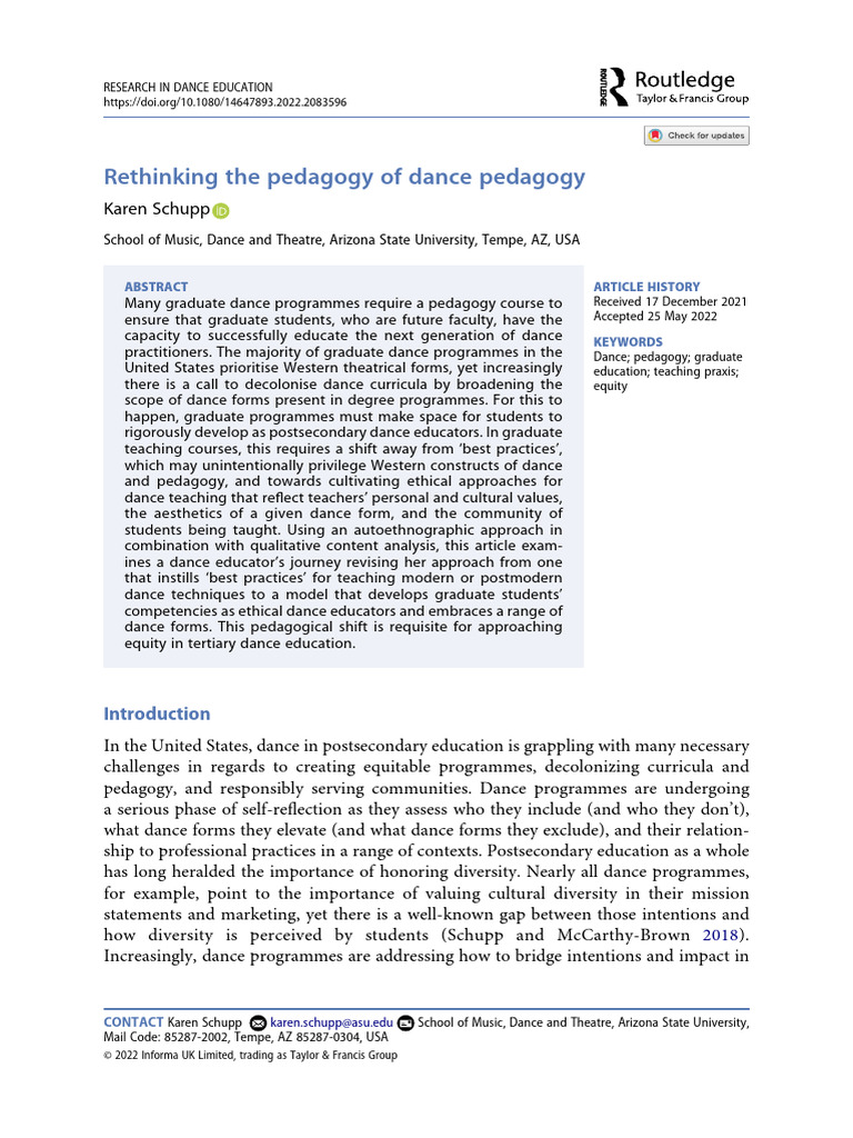 Rethinking The Pedagogy of Dance Pedagogy: Article History | PDF | Pedagogy | Teachers