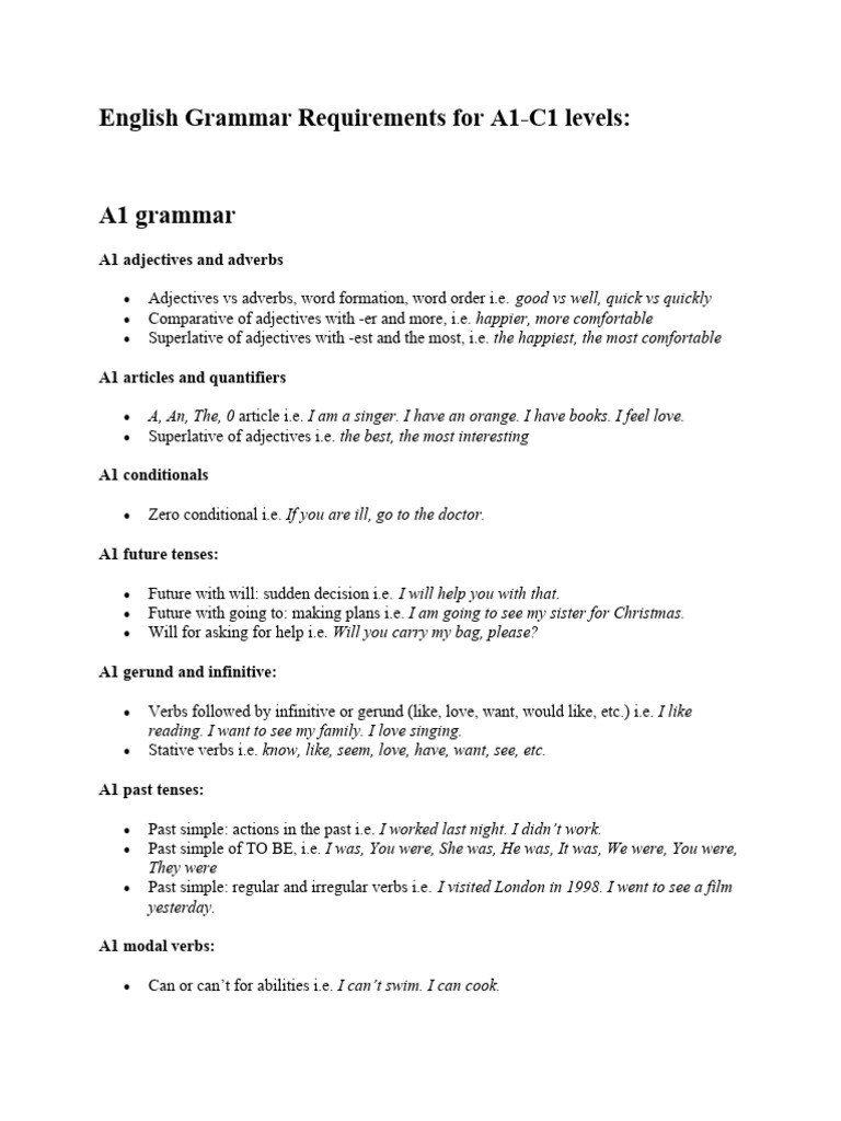 English Grammar Requirements For A1-C1 | PDF | Verb | English Grammar