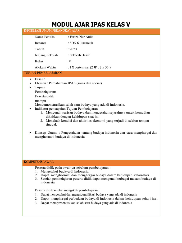 Modul Ajar PJBL Budaya Kelas V | PDF | Karier & Perkembangan | Seni