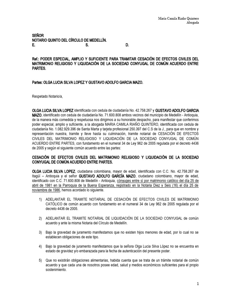 Poder Divorcio y Cesacion de Efectos Civiles de Matrimonio Religioso | PDF | Propiedad de la ...