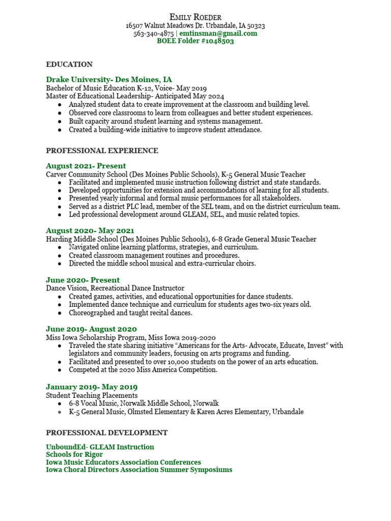 2024 resume emily roeder | PDF | Teachers | Music Education