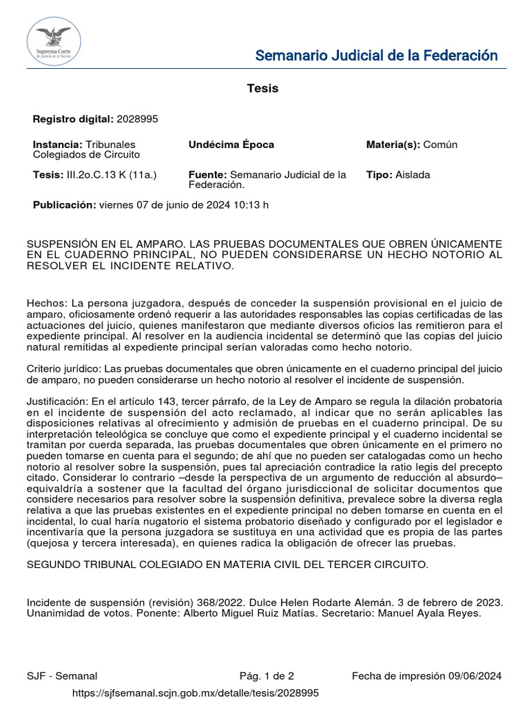 T Común Suspensión en El Amparo. Las Pruebas Documentales Que Obren ...