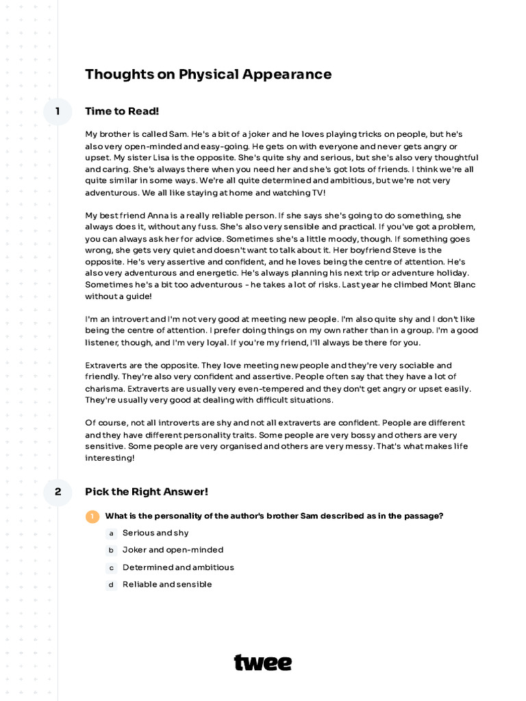 Thoughts On Physical Appearance | PDF | Extraversion And Introversion | Personality Type