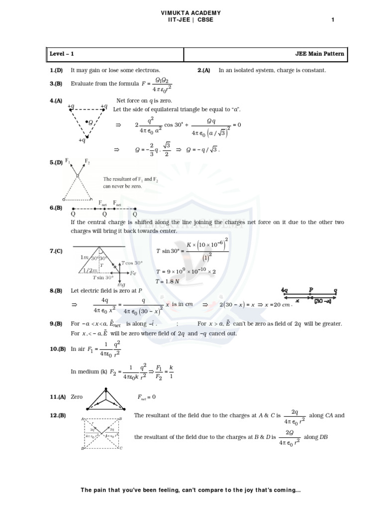 Electrostatics Level 1 Solutions | PDF | Force | Metrology