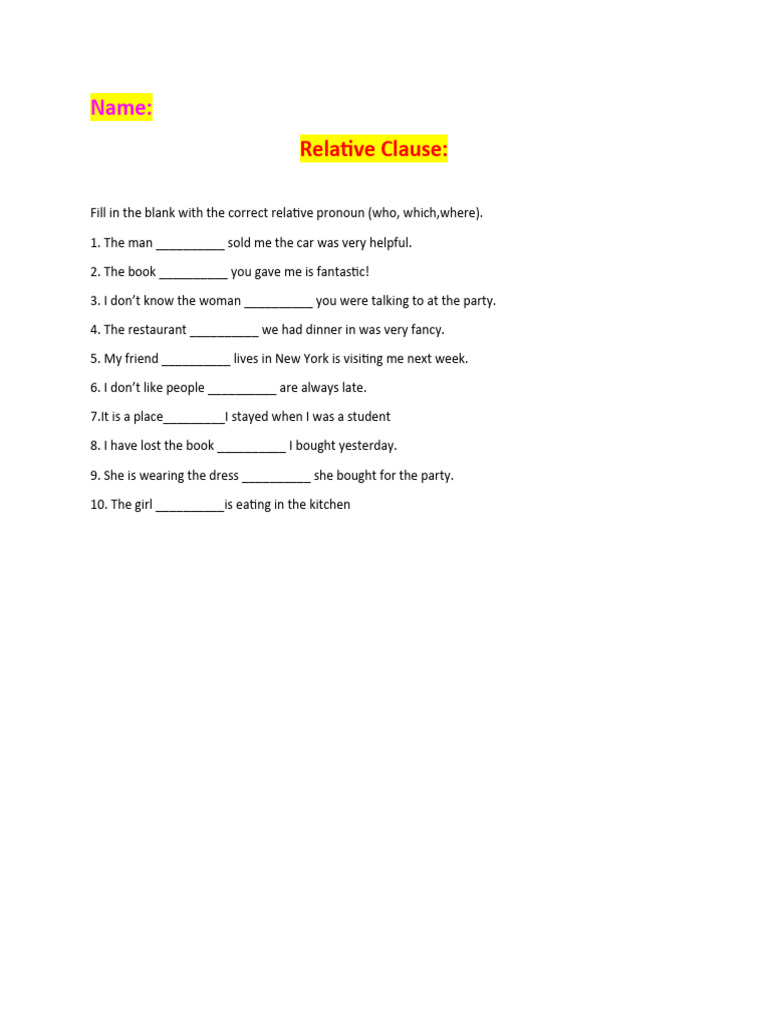 Relative Pronoun Fill-in-the-Blank Quiz | PDF | Self-Improvement