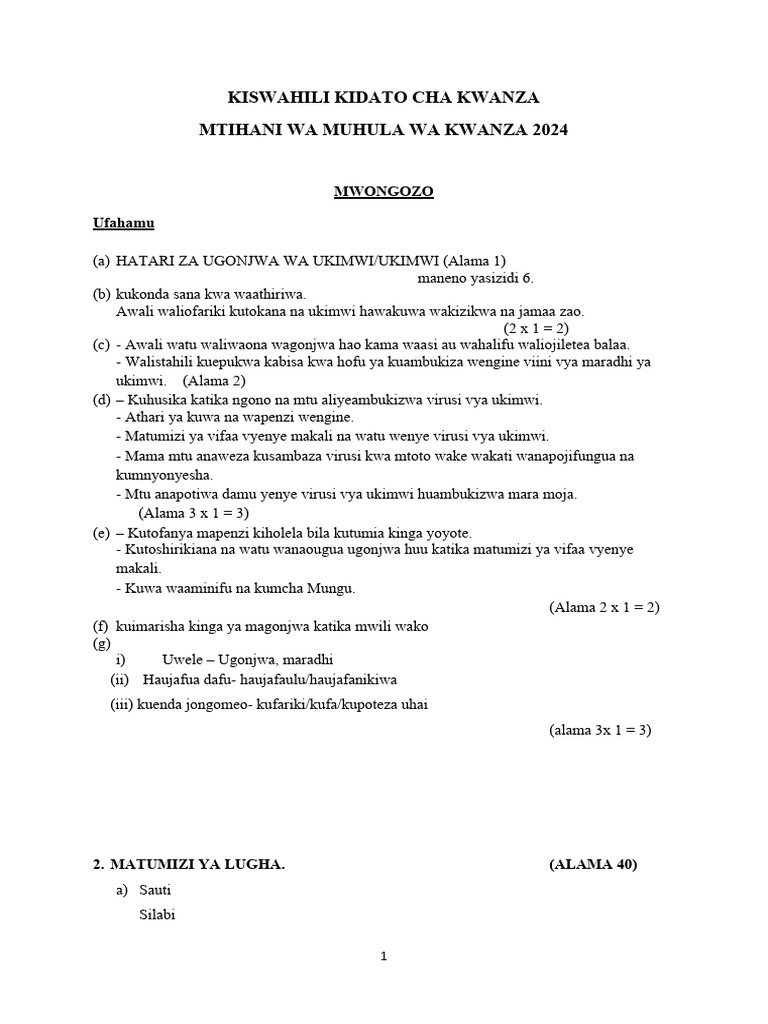Form 1 - Kiswahili - Marking Scheme | PDF