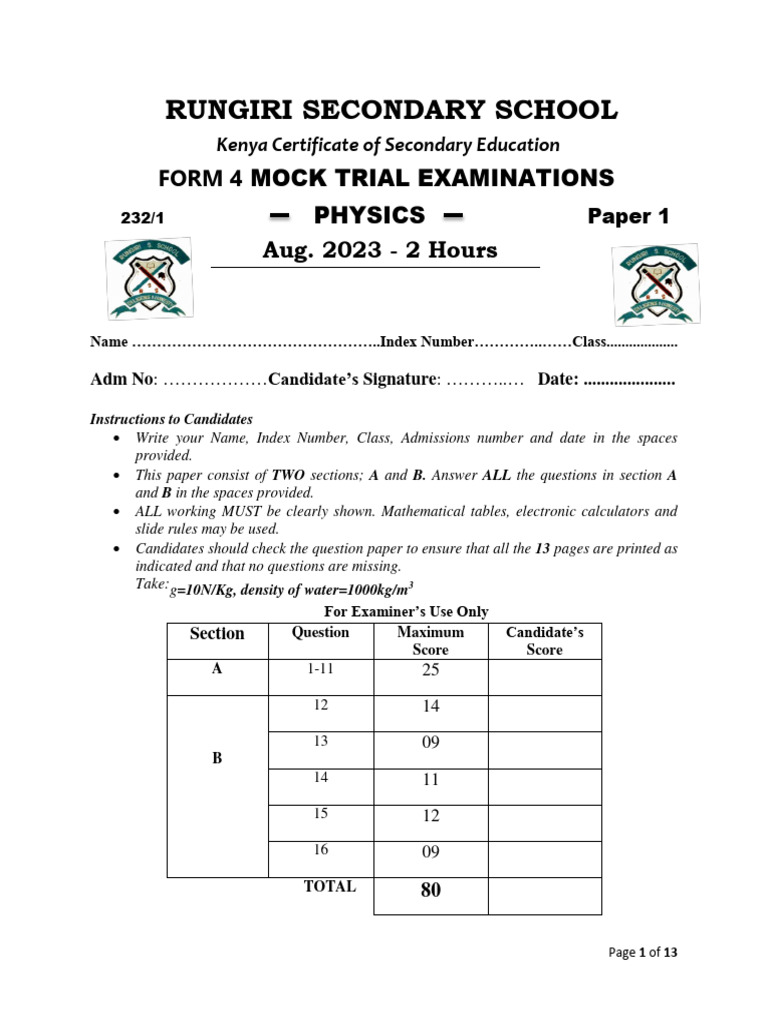 Physics Form 4 Mock Pp1 2023 | PDF | Heat | Heat Capacity