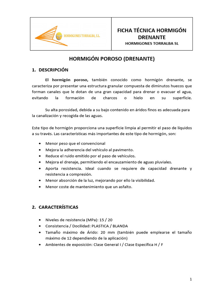 Ficha Técnica Hormigón Drenante HT | PDF | Hormigón | Materiales