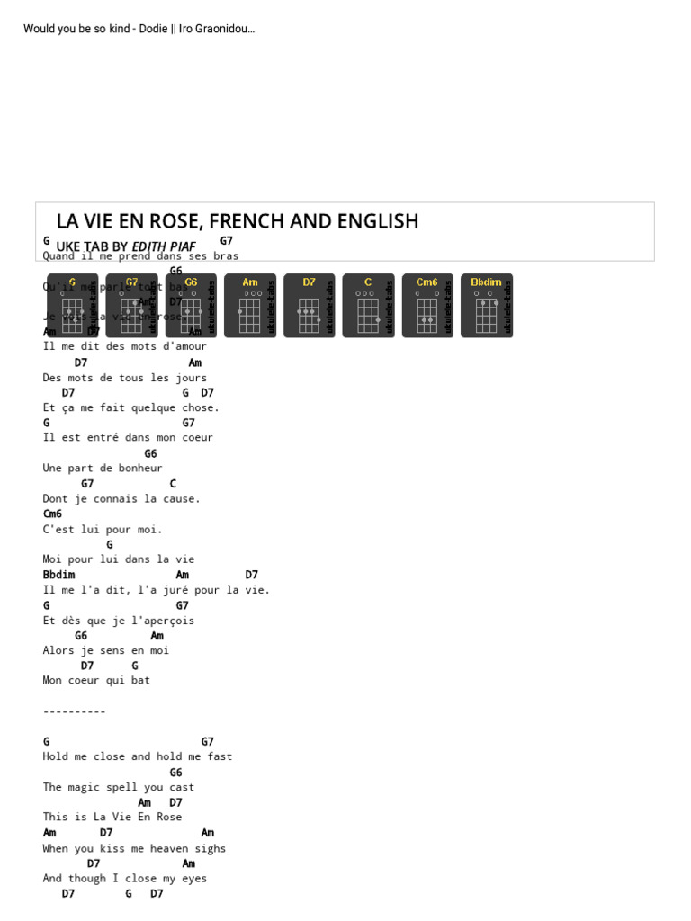 La Vie en Rose, French and English Uke Tab by Edith Piaf - Ukulele Tabs ...
