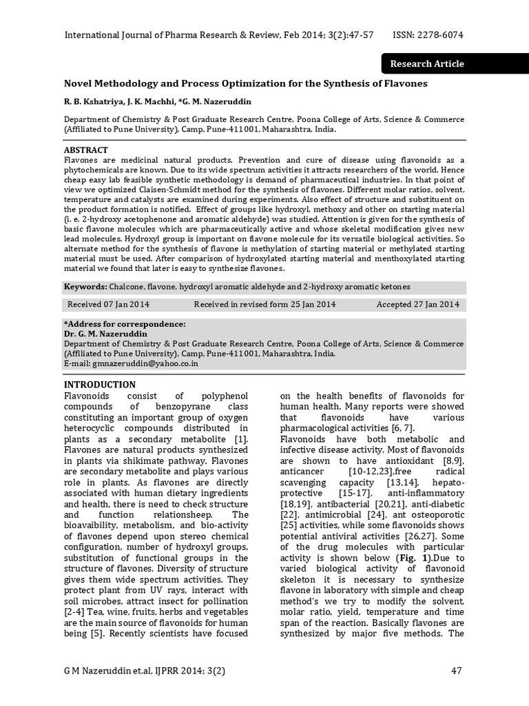 Novel Methodology and Process Optimization For The Synthesis of Flavones | Download Free PDF ...