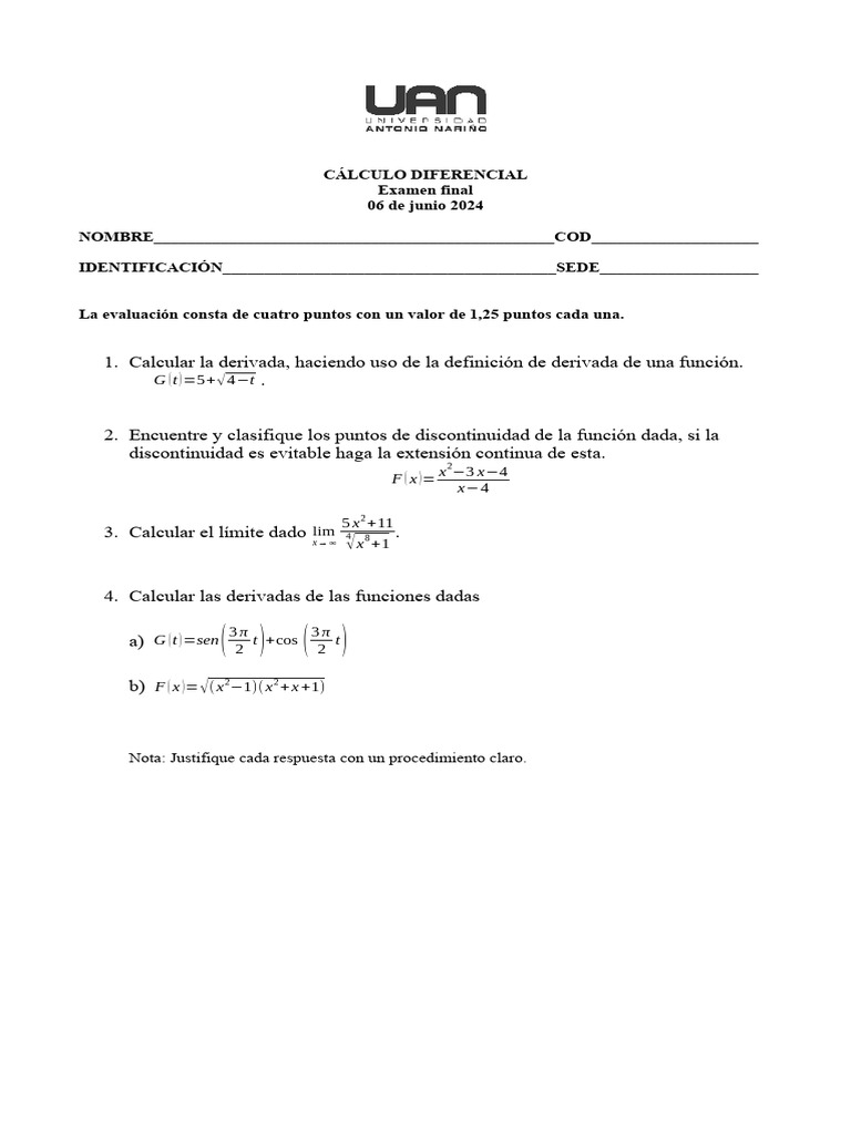 Examen Final Calculo Diferencial | PDF Examen Final Calculo Diferencial | PDF