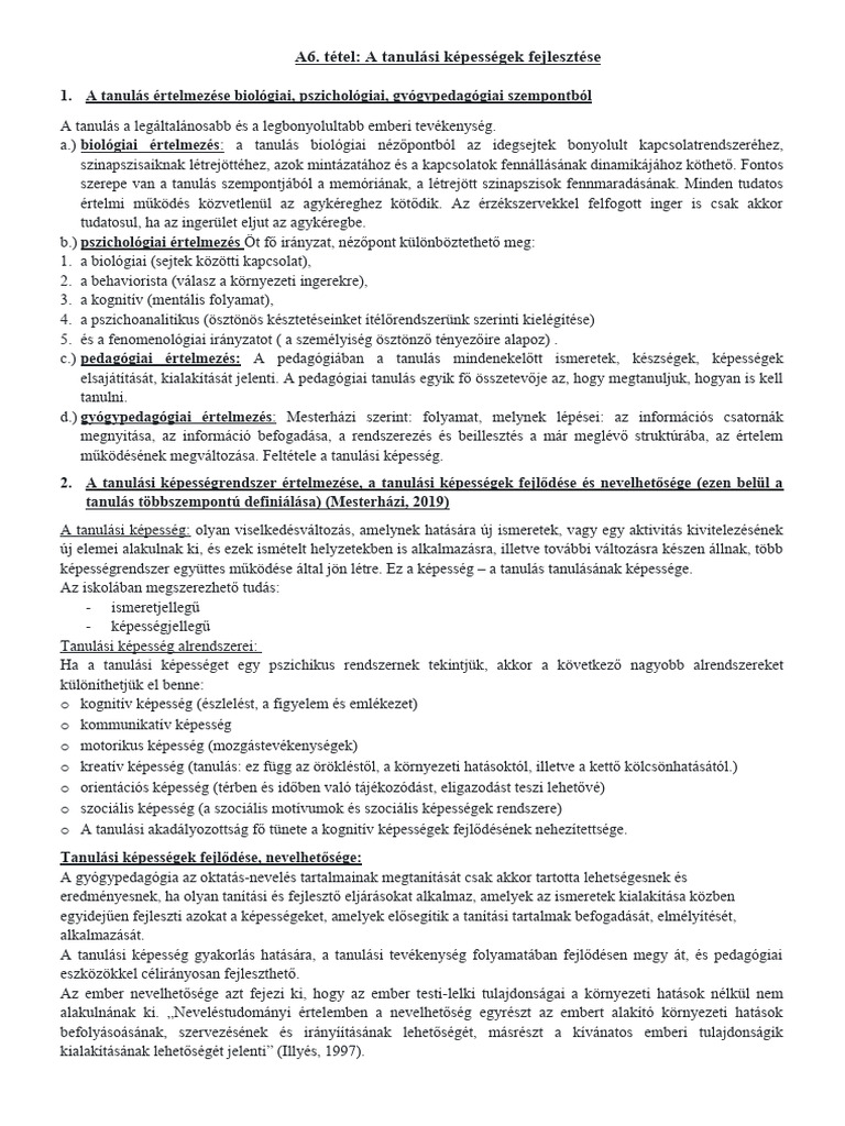 A6. Tétel - A Tanulási Képességek Fejlesztése | PDF