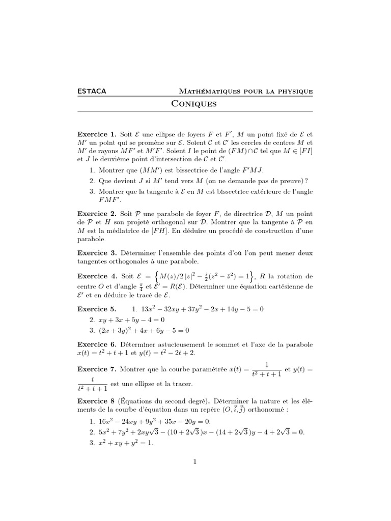 Coniques (Exercices Supplémentaires) | PDF | Cercle | Ellipse