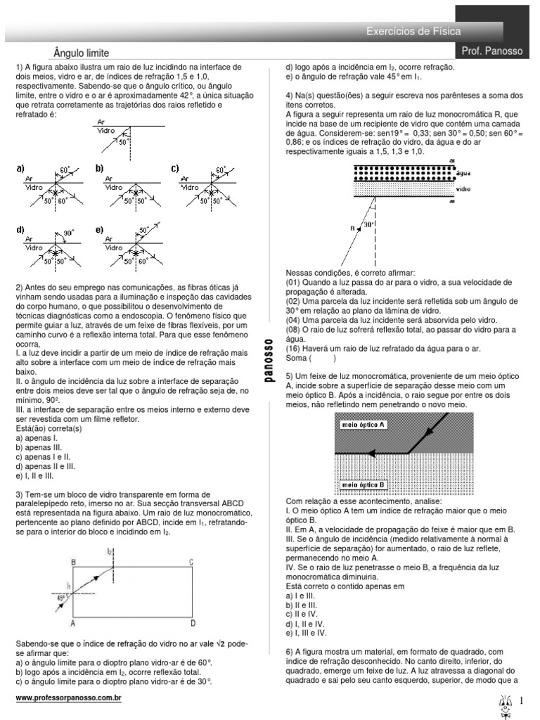 Ângulo Limite e Reflexão Total em Óptica | PDF | Refração | Reflexão ...