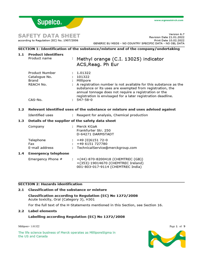 MSDS-Methyl Orange - CAS 547-58-0 | PDF | Toxicity | Chemistry