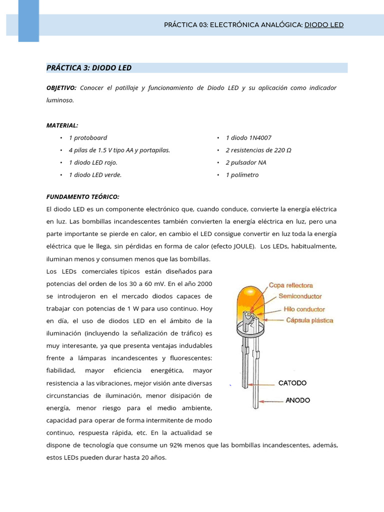 Práctica 03 - Diodo Led | PDF | Diodo emisor de luz | Diodo