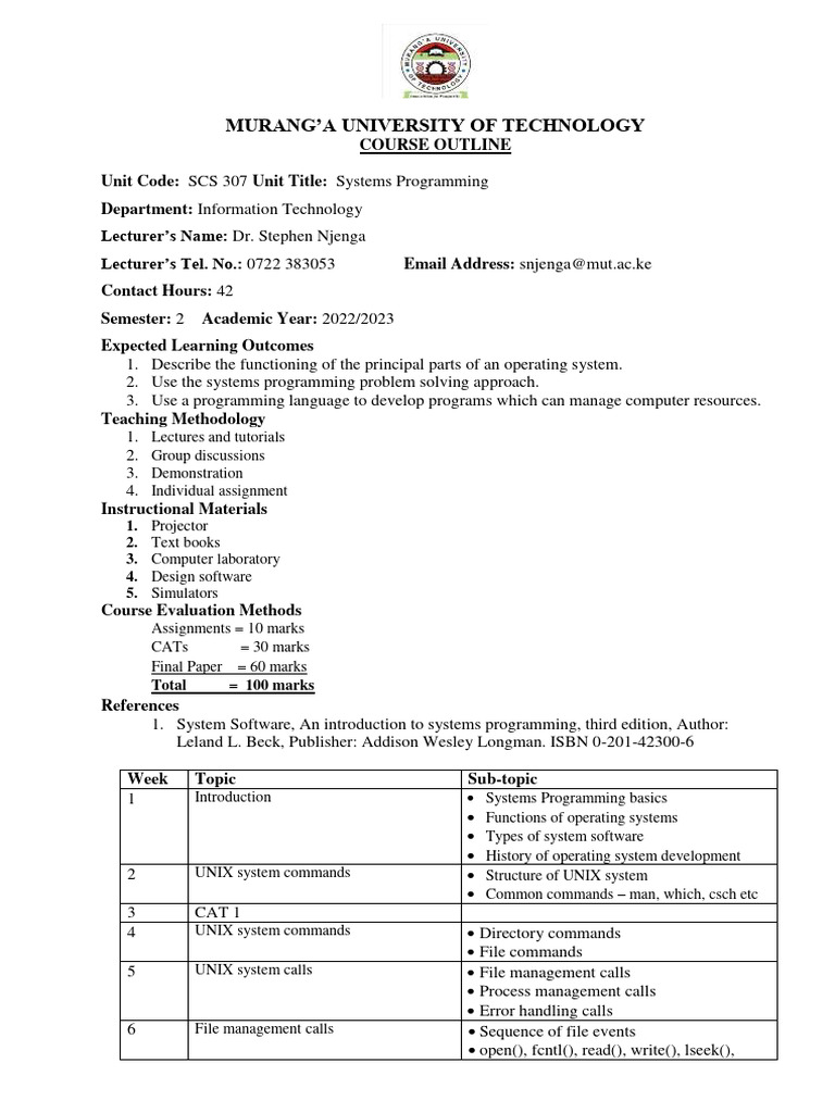 SCS 307 Systems Programming Course Outline | PDF | Operating System ...