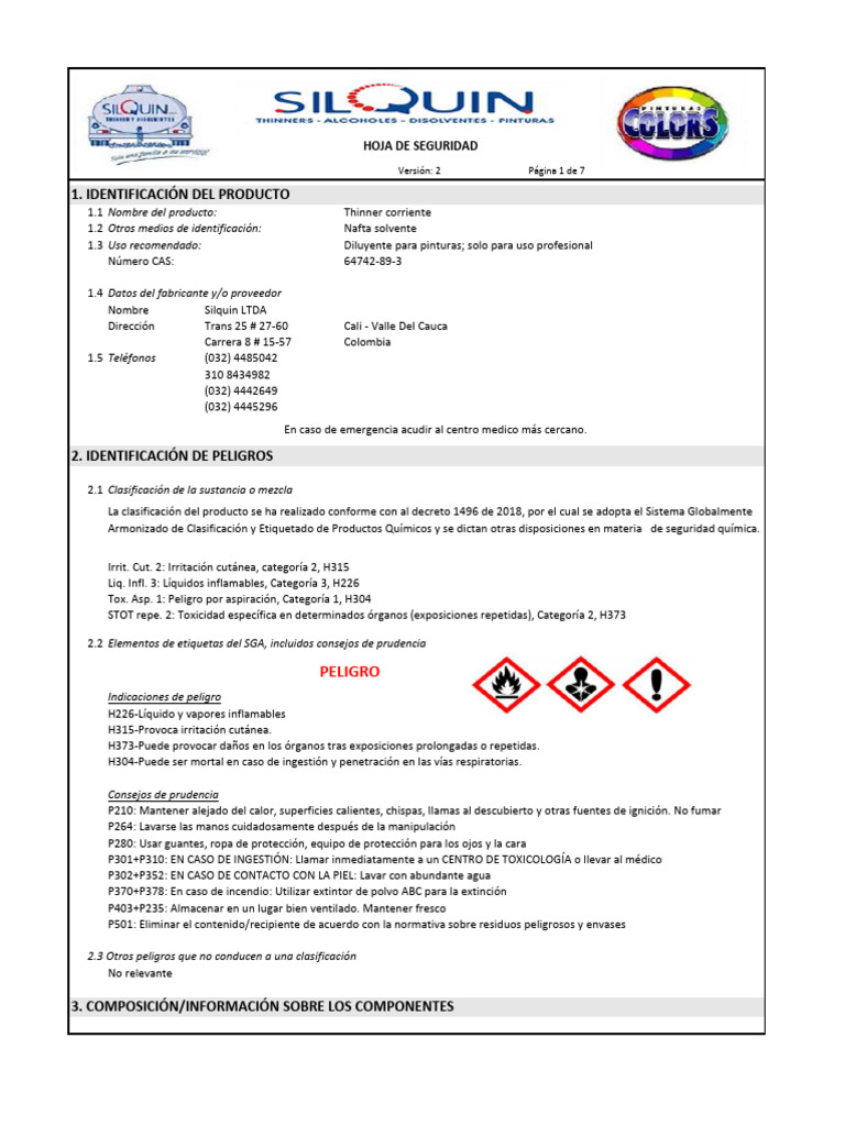 Thinner Corriente Silquin HDS | PDF | Agua | Toxicidad