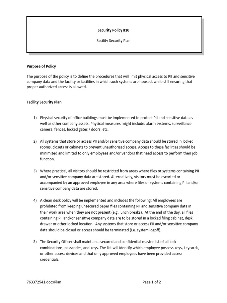 Security Policy #10 - Facility Security Plan | PDF | Securities ...