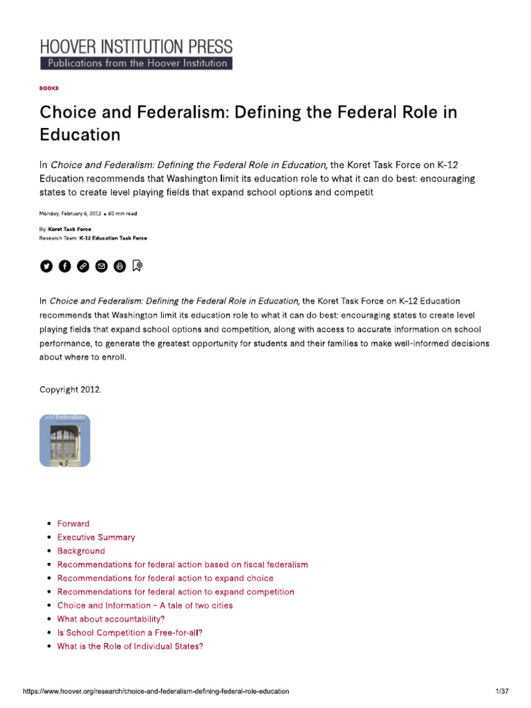 Choice and Federalism - Defining The Federal Role in Education Hoover ...