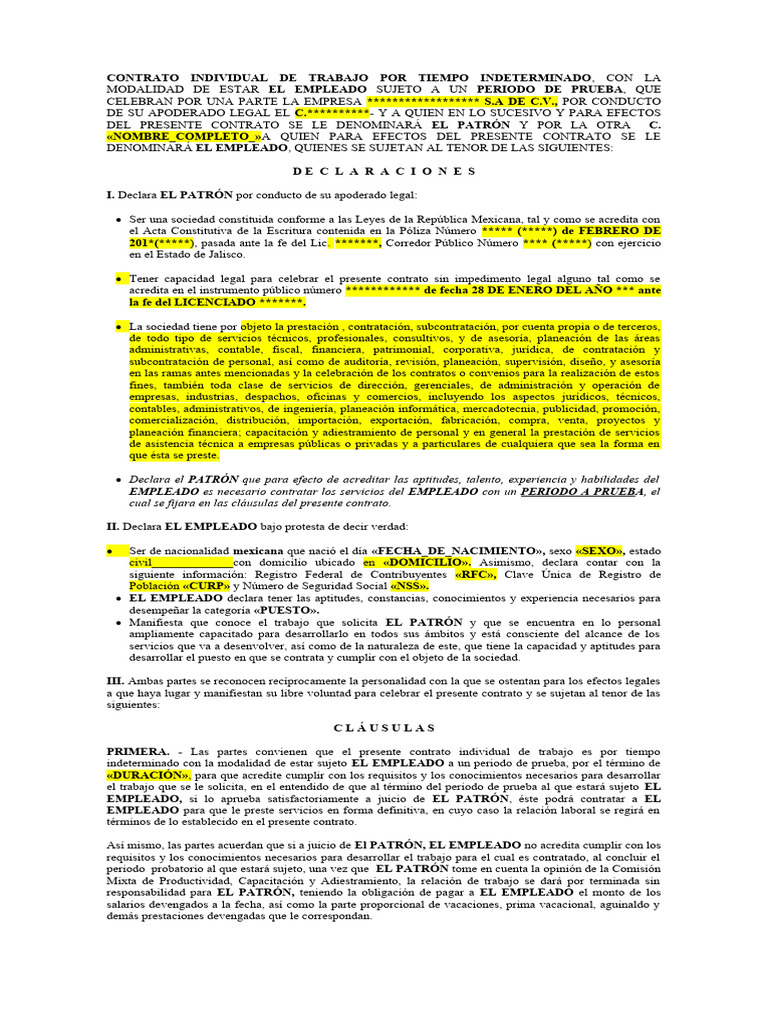 Machote - Contrato - Indeterminado - Periodo A Prueba 30 Dias | PDF ...