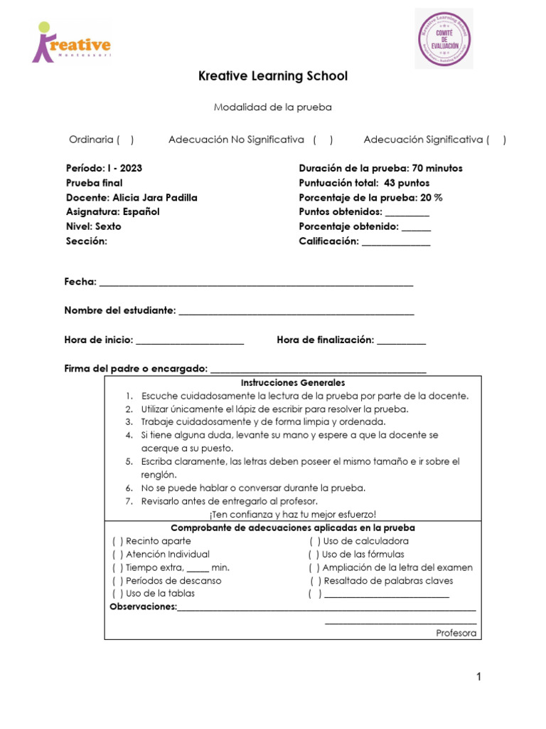 6to Español Prueba Escrita | PDF | Adjetivo | Lingüística