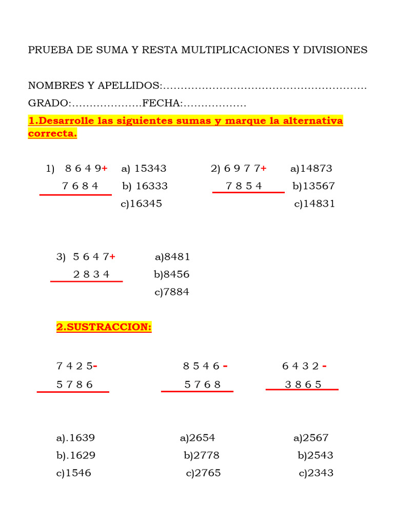Prueba de Suma y Resta Multiplicaciones y Divisiones | PDF