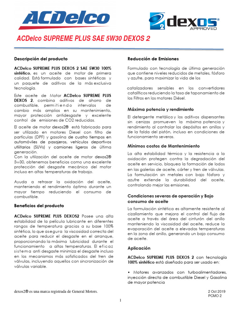 PDS Acdelco Supreme Plus Sae 5W30 Dexos 2 Api Sn-Acea C3 | PDF | Aceite ...