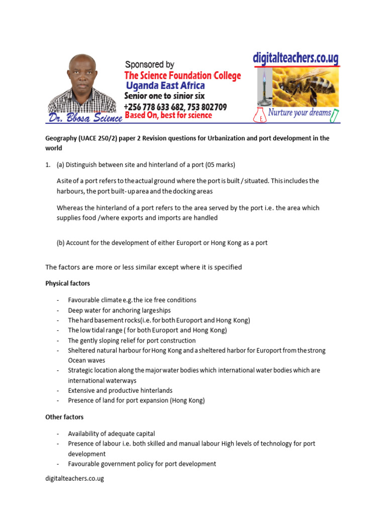 Geography UACE Paper 2 Revision Questions for Urbanization and Port ...