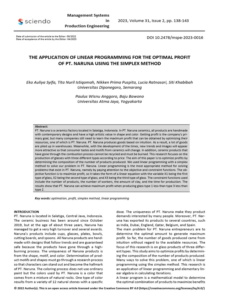 The Application of Linear Programming For The Optimal Profit of PT Naruna Using The Simplex ...