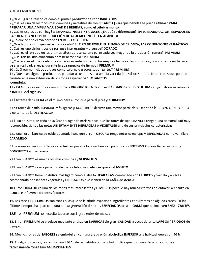Examen Sobre RON | Descargar gratis PDF | Ron | Bebidas Destiladas