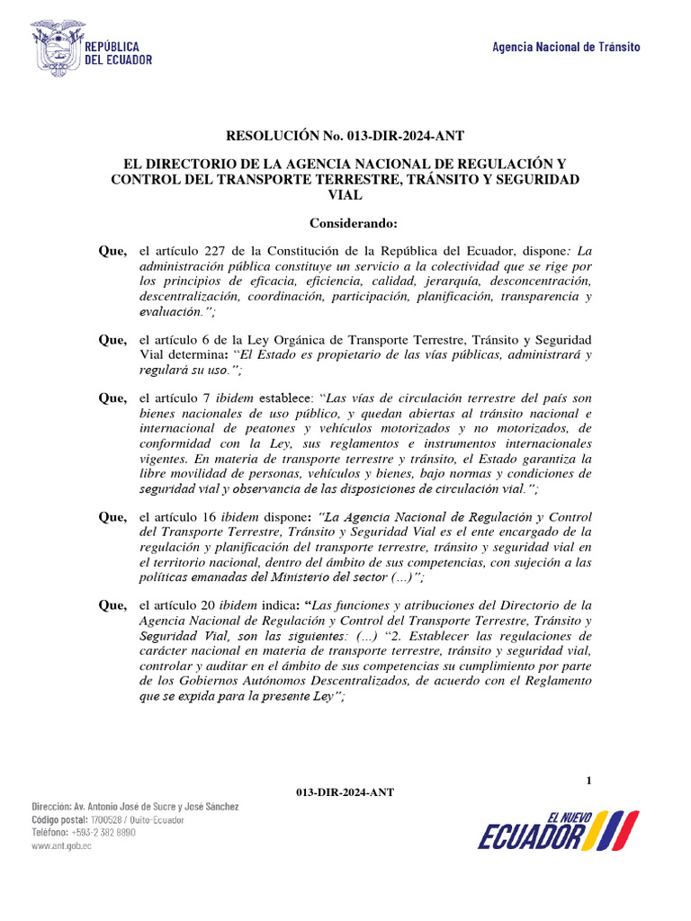 Resolución 013-DIR-2024-ANT sobre Seguridad Vial | PDF | Ingeniero ...