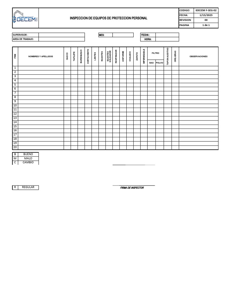 Inspección de EPP: Lista de Verificación | PDF