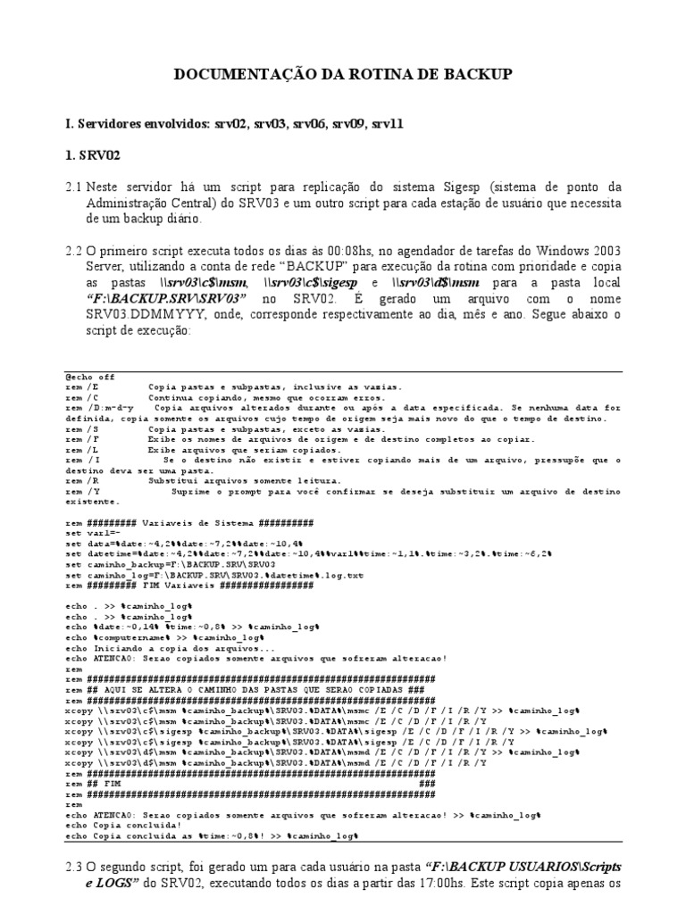 Documentacao Da Rotina de Backup | PDF | Cópia de segurança | Servidor ...