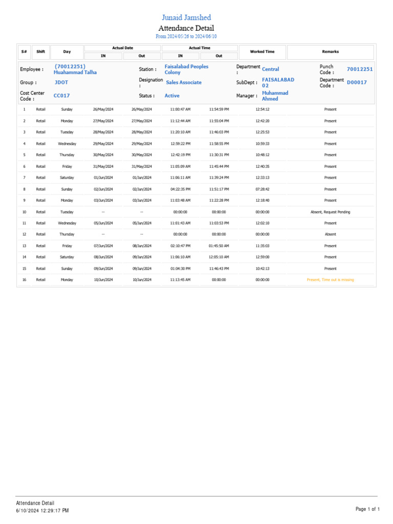 Attendance Detail Report 1 | PDF