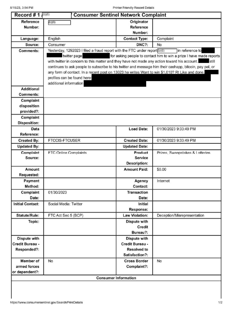 FTC Complaint Against Twitter Scammer | PDF