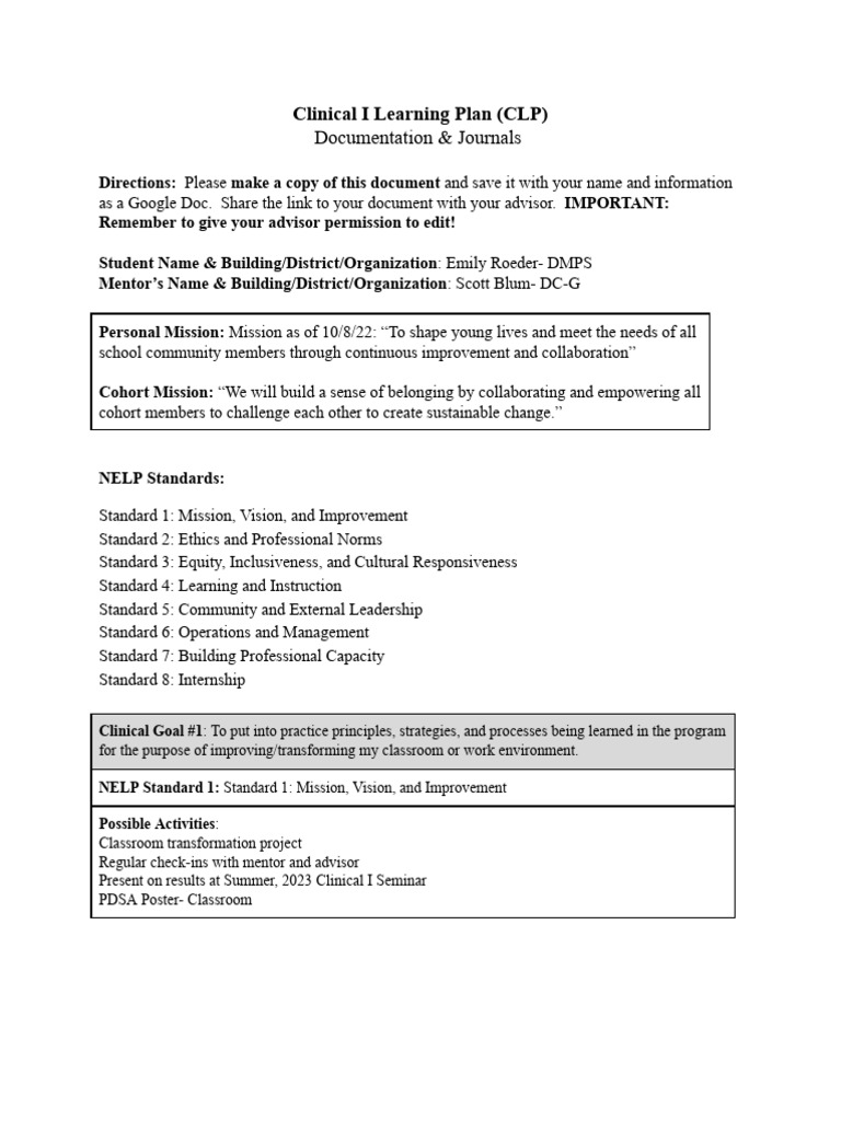 Clinical I Learning Plan (CLP) : Documentation & Journals | PDF ...
