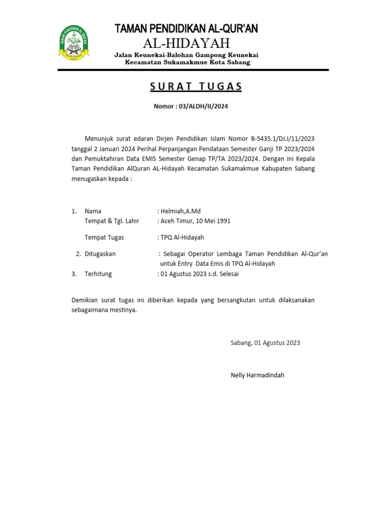 Surat Tugas Operator TPQ 24 | PDF