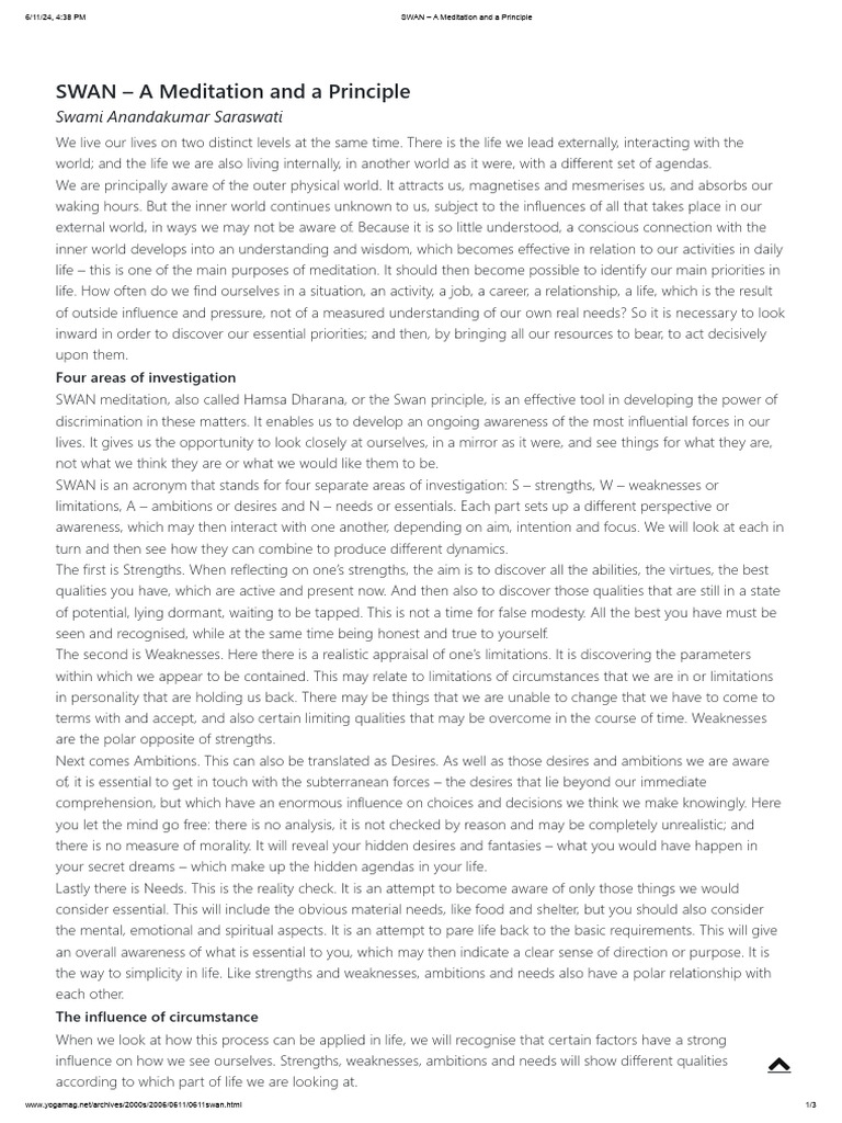SWAN - A Meditation and A Principle | PDF | Meditation | Mind