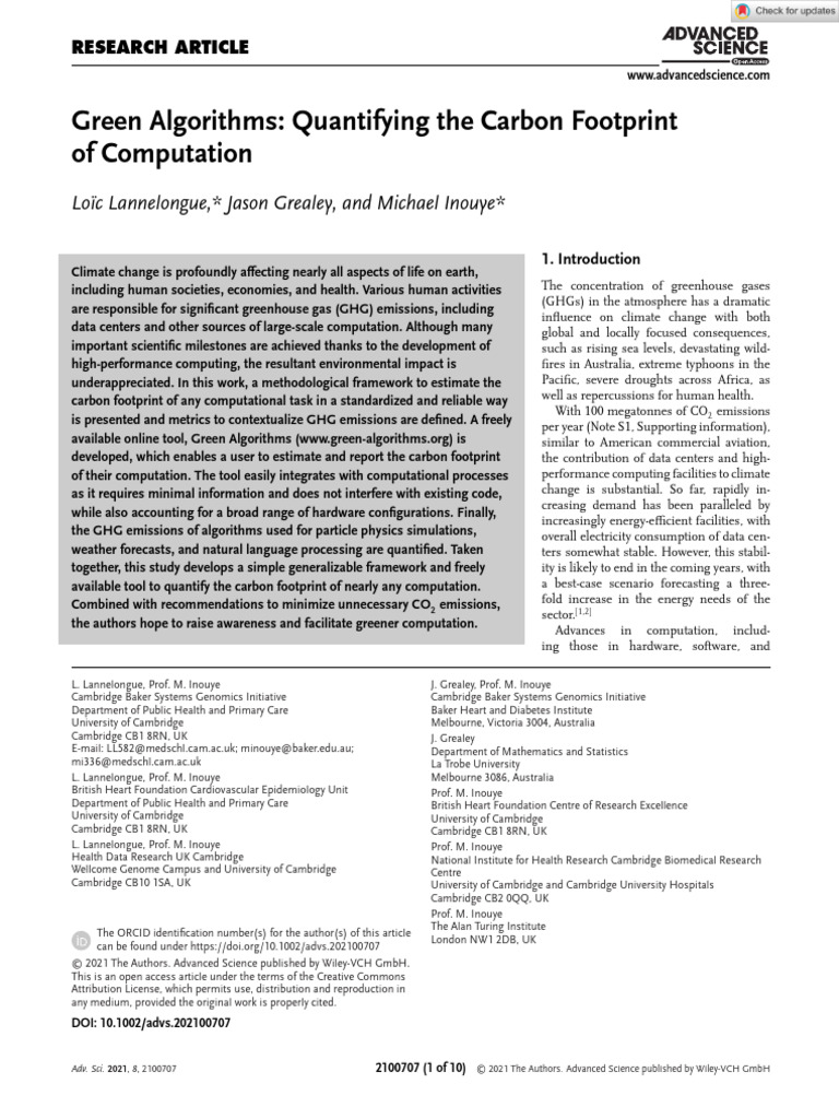 Advanced Science - 2021 - Lannelongue - Green Algorithms Quantifying ...