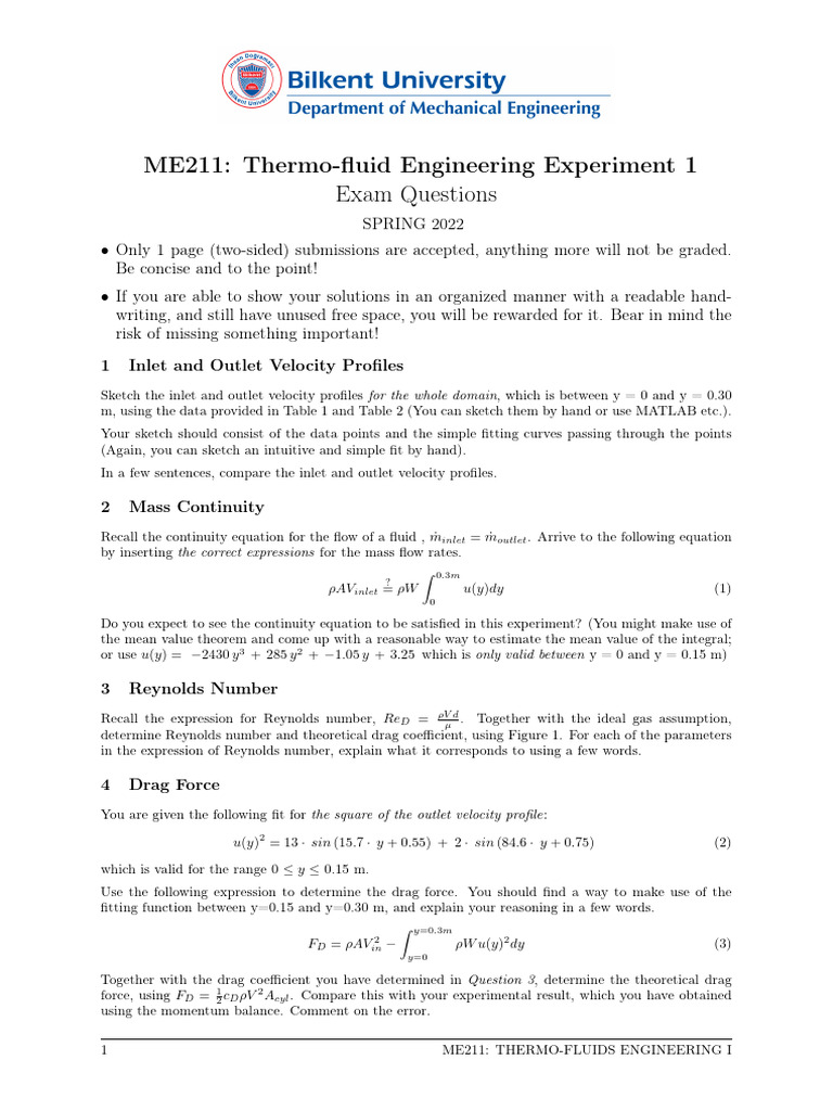 ME211 Experiment 1 Exam | PDF | Drag (Physics) | Equations