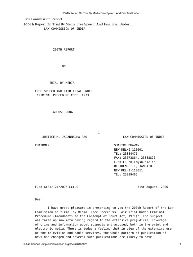 200Th Report On Trial by Media Free Speech and Fair Trial Under | PDF ...
