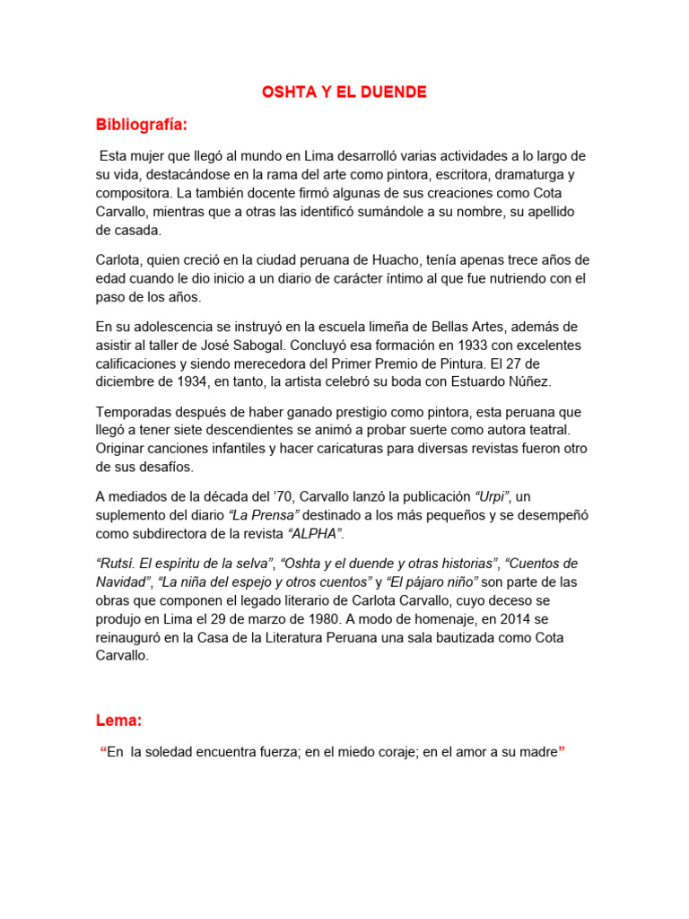 Oshta y El Duende | PDF | Valor | Perú