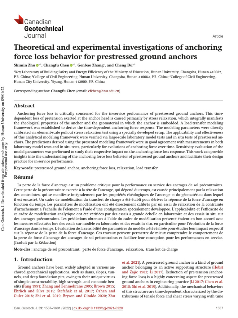 2022 Theoretical and Experimental Investigations of Anchoring Force Loss Behavior For ...