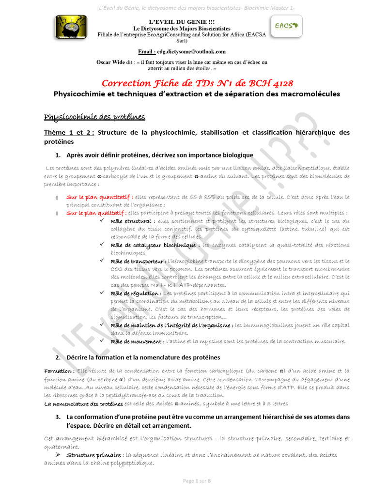 Fiche - de - TD - BCH - 4138 - N°1 - CORRECTION | PDF | Structure de la ...