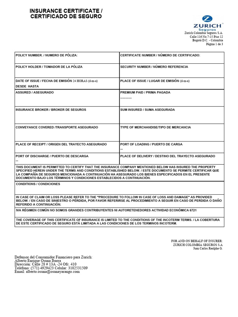 Certificado de Seguro Internacional | PDF | Insurance | Bill Of Lading