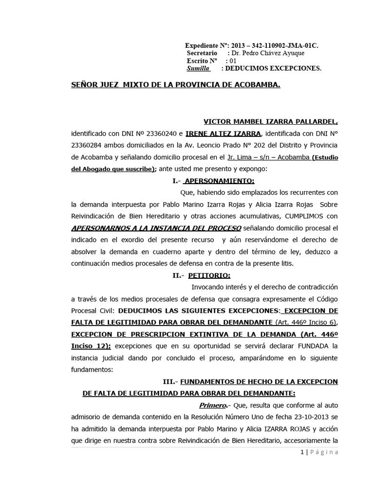 Excepcion Civil 2012 | PDF | Demanda judicial | Estatuto de limitaciones