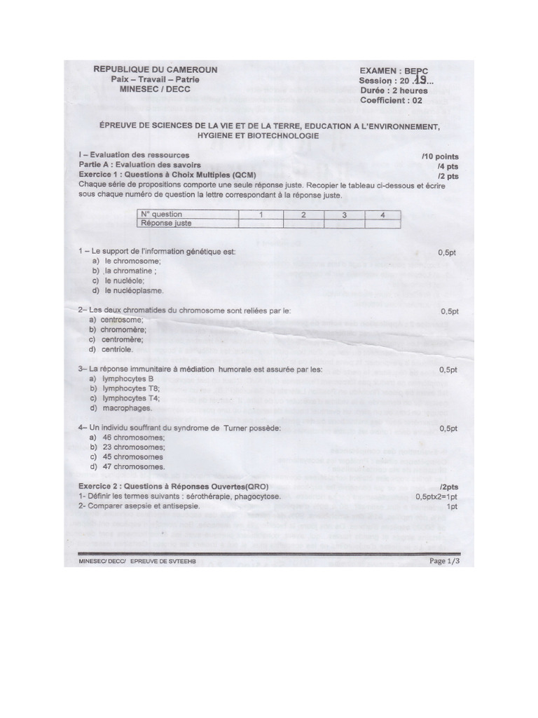 Epreuve Bepc 2019 SVT Eehb, Cameroun | PDF
